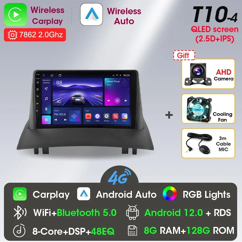2 Din Android 12 Car Radio Wireless Carplay Auto for Renault Megane 2 ...
