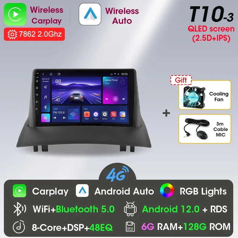 2 Din Android 12 Car Radio Wireless Carplay Auto for Renault Megane 2 ...