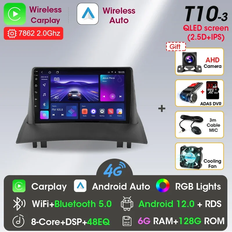 2 Din Android 12 Car Radio Wireless Carplay Auto for Renault Megane 2 ...