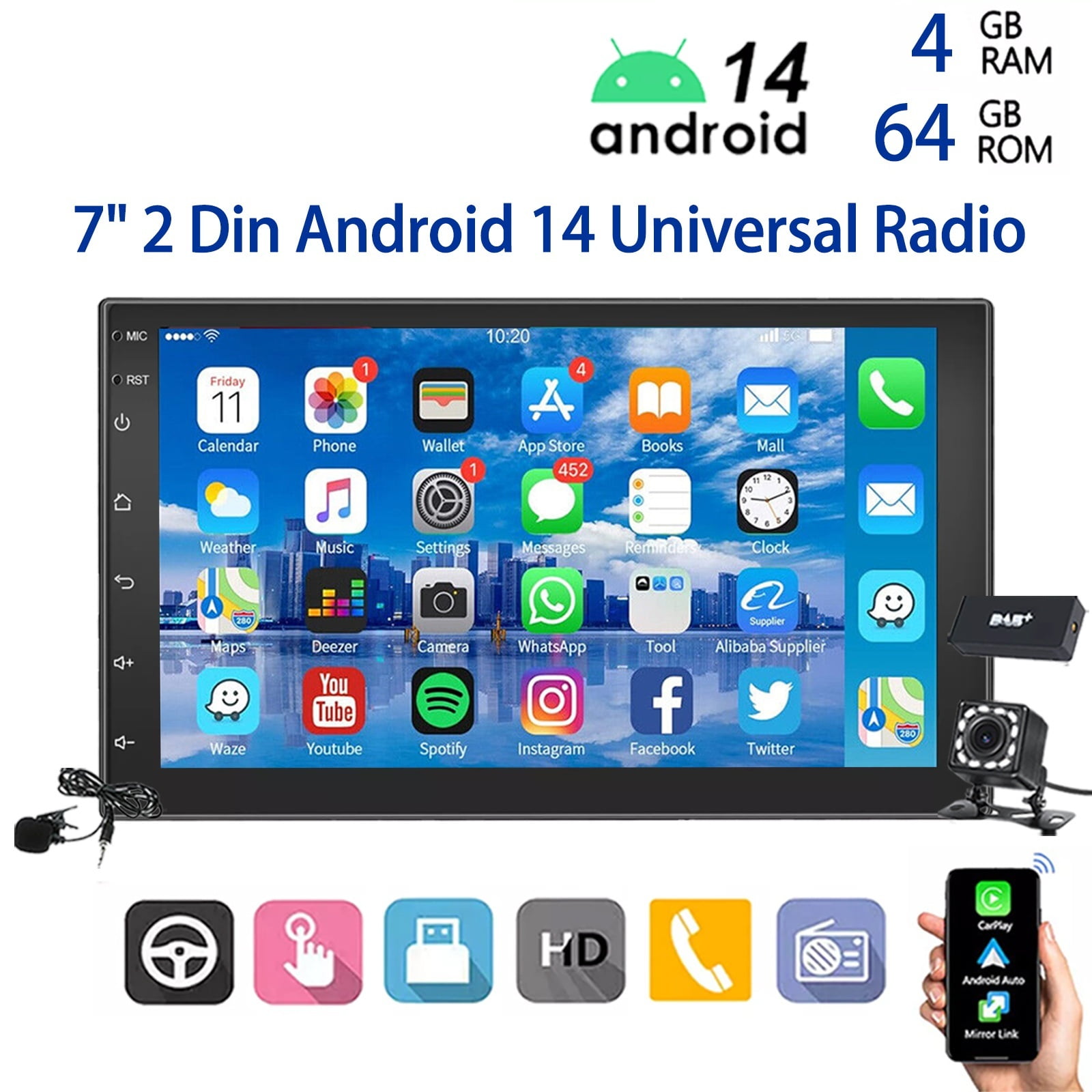 2 Din Universal Android 14 7 9 10 inch Car Radio GPS Nav Carplay ...