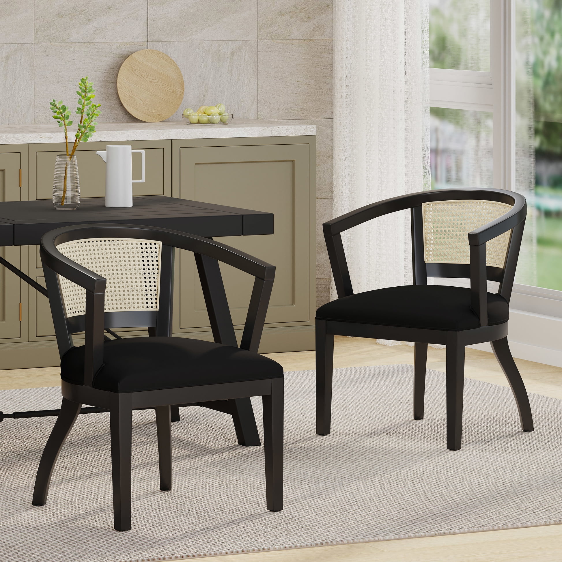 2 Dining Chairs , Black Velvet Tempt, Cane Web Back Decoration ...