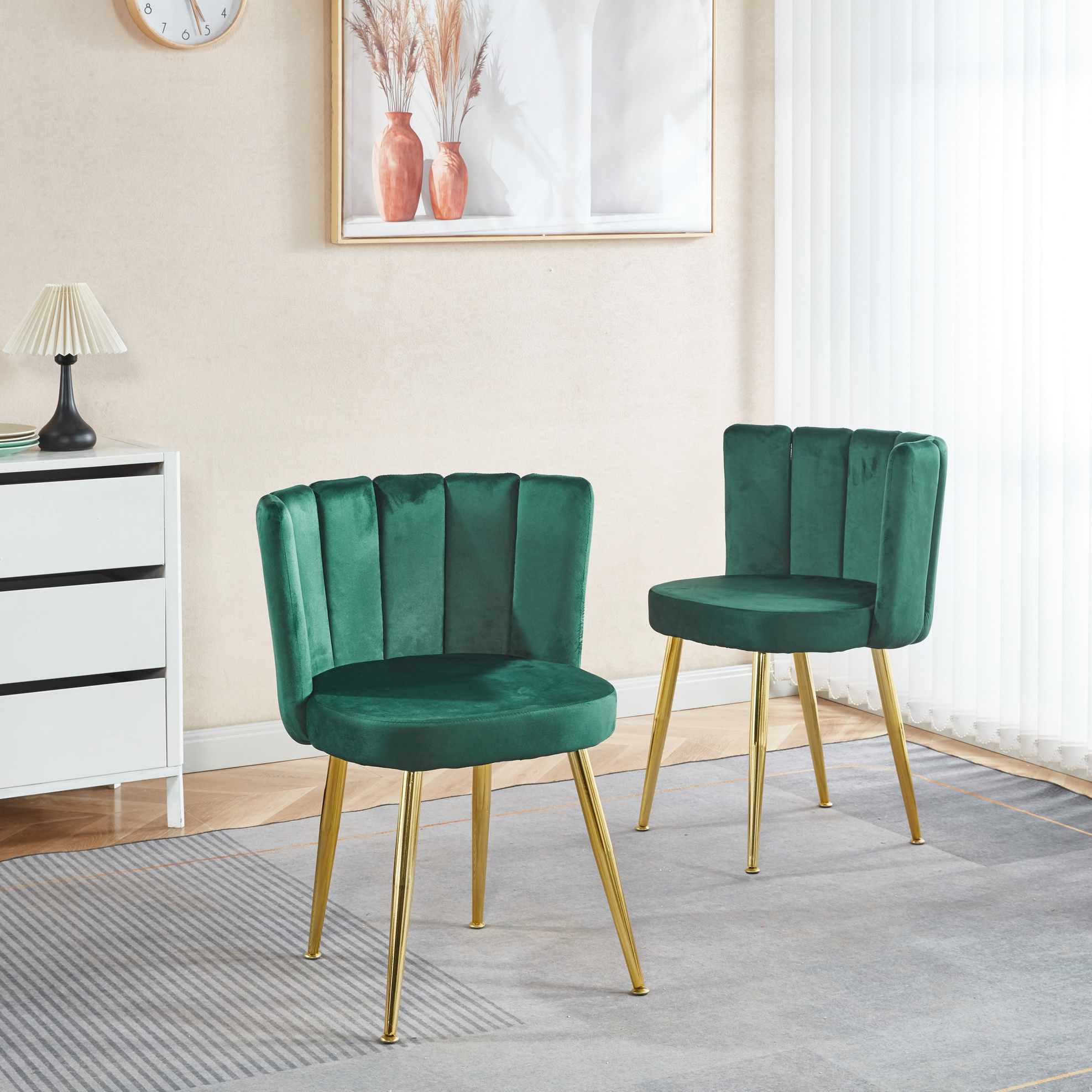 2 Dining Chairs: Velvet Seat, Golden Iron Legs, Stable Structure Modern ...