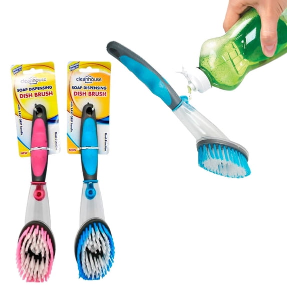 AllTopBargains, Dish Brush with Soap Dispenser, 2 Pack, Blue/Pink ...