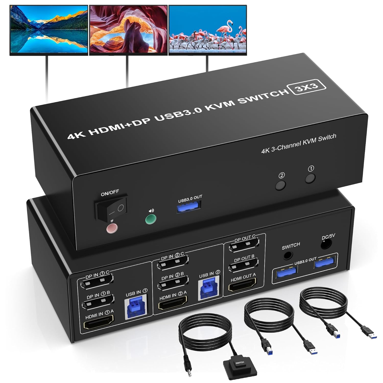 2 Displayport + HDMI USB 3.0 KVM Switch 3 Monitors 2 Computers, 4K@60Hz ...