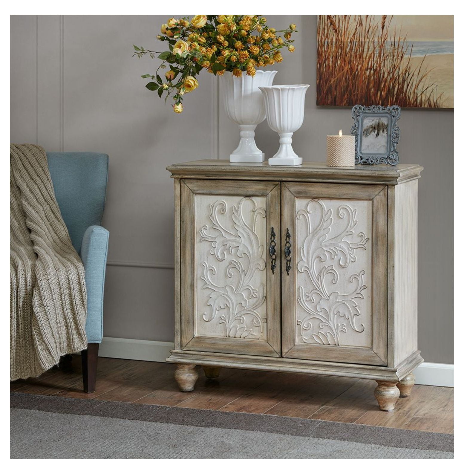 2-Door Accent Cabinet, Farmhouse Storage Cabinet with Carved Doors ...