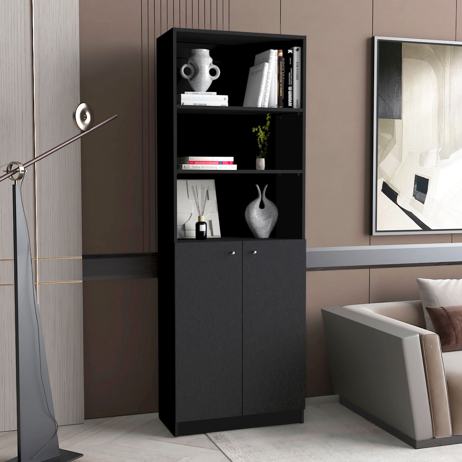 2-Door Bookcase, Black Color | Concealed Storage in Family Rooms, Open ...