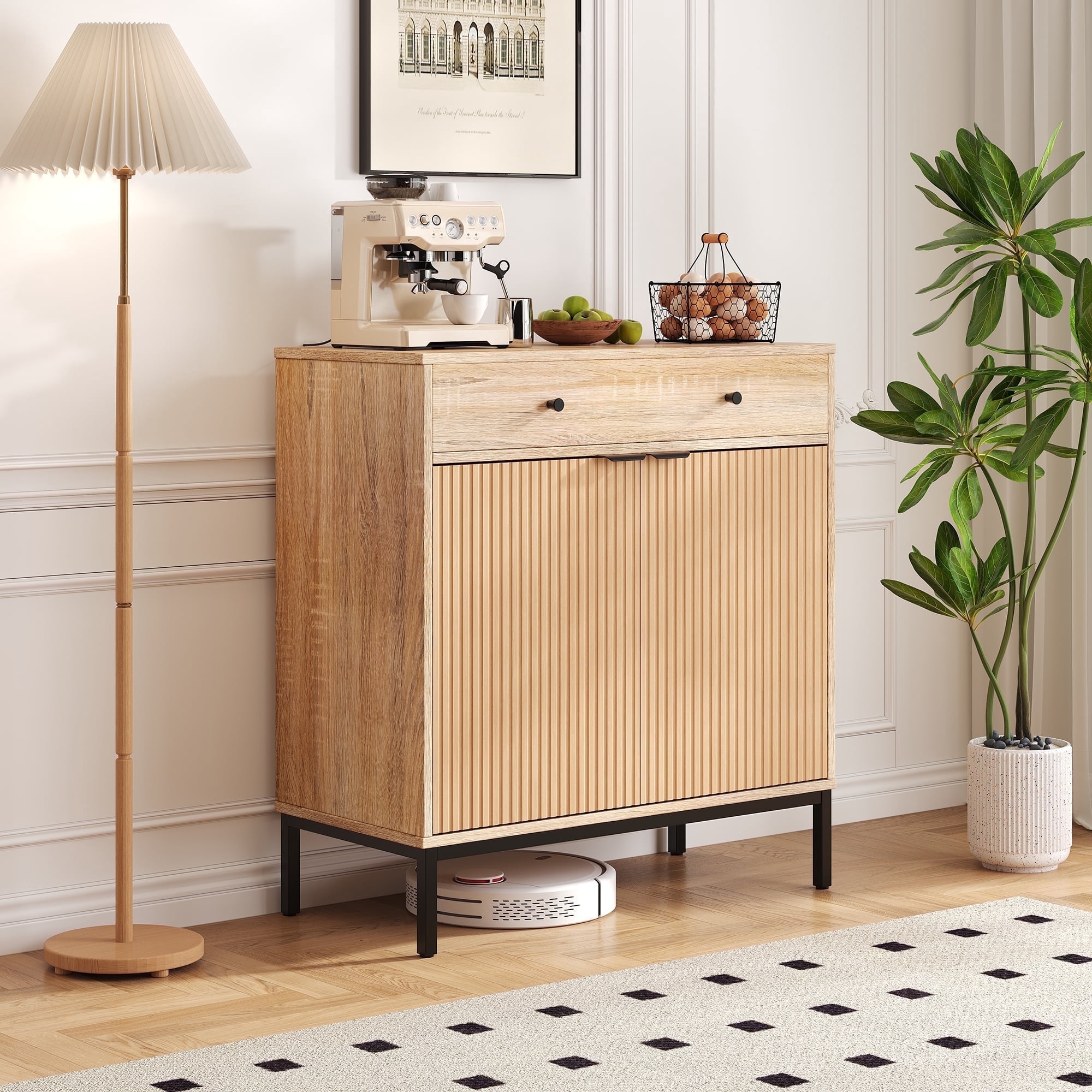 2-Door Buffet Cabinet with Drawer and Adjustable Shelves, Modern Wood ...