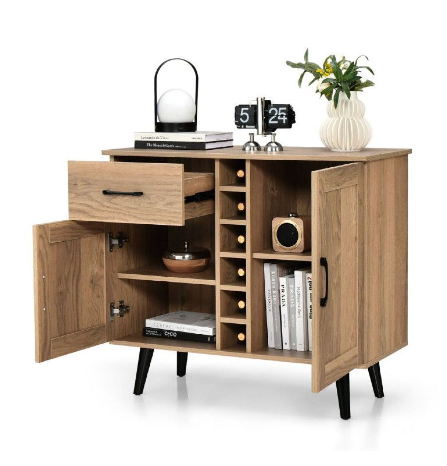 2-Door Buffet Sideboard with 6-Bottle Wine Rack Drawer Natural ...