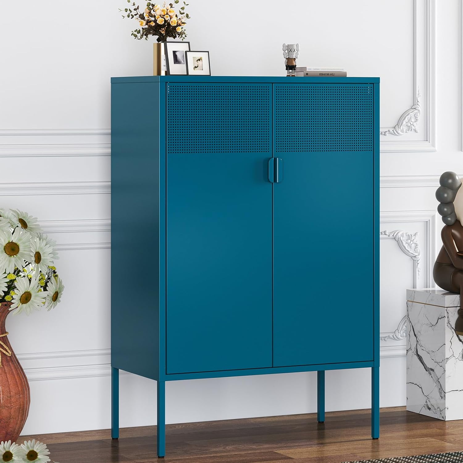 2 Door Metal Accent Cabinet,47" Blue Metal Storage Cabinet with Doors ...