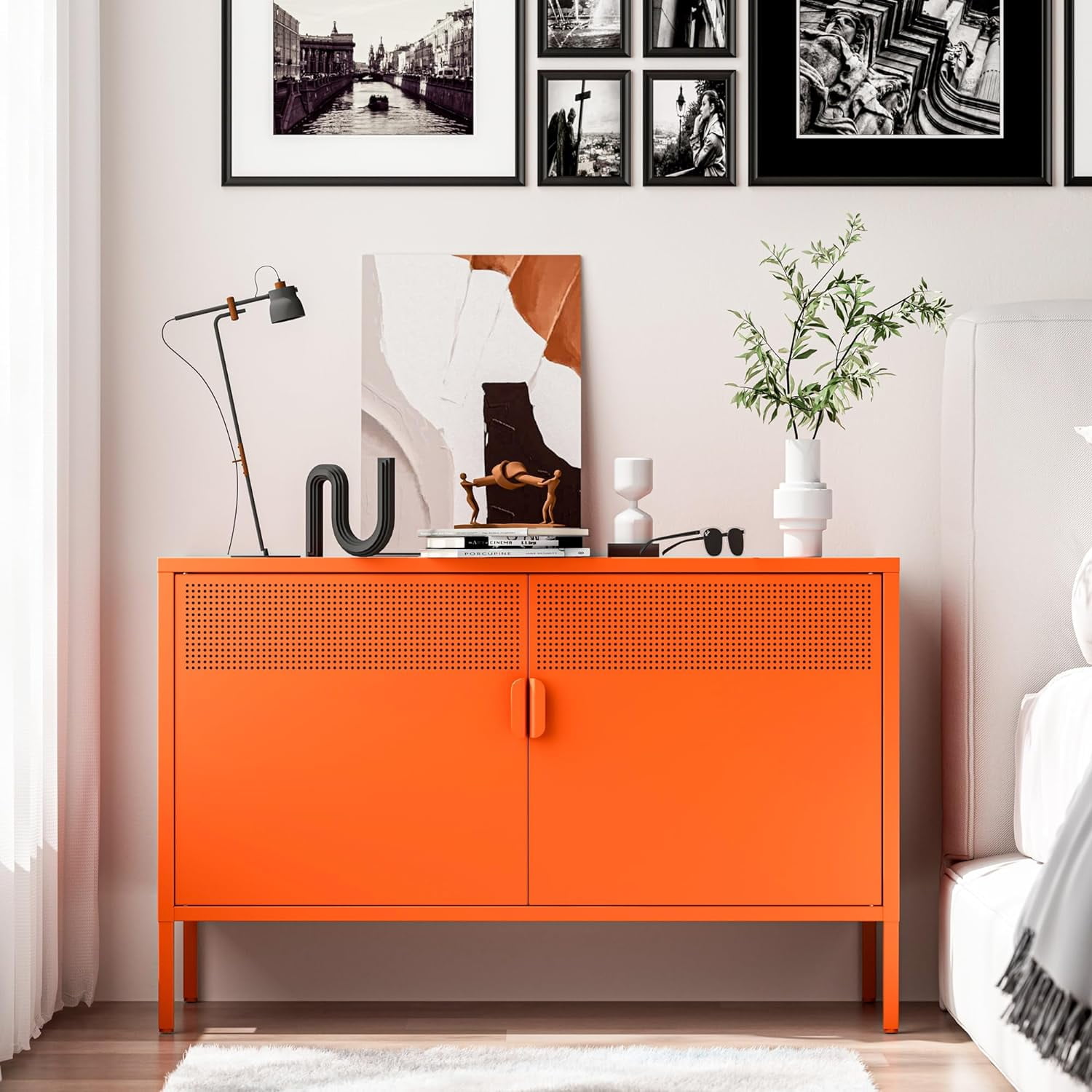 2 Door Metal Accent Cabinet,Orange Metal Storage Cabinet with ...