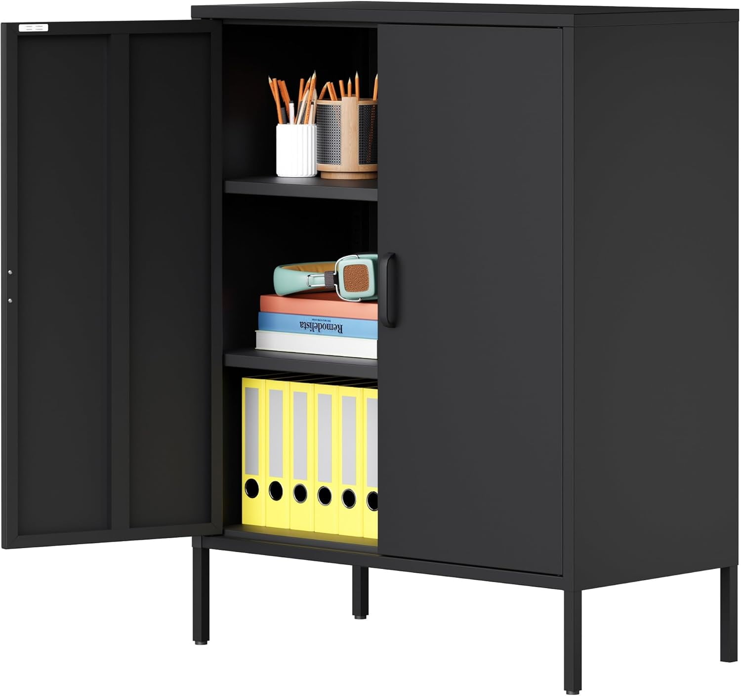 2 Door Metal Storage Cabinet with 2 Shelves, 3 Tier Garage Storage ...