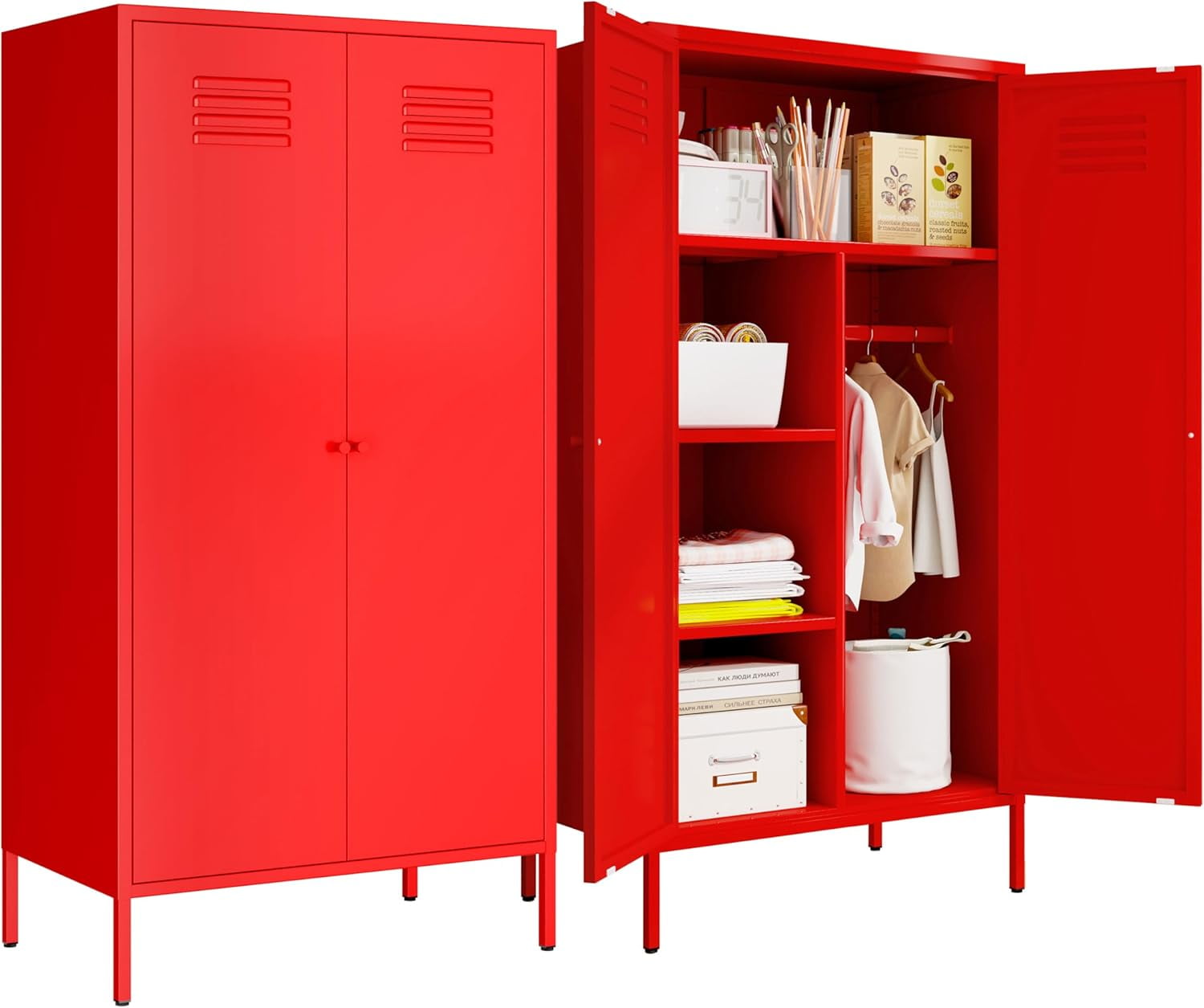 2 Door Metal Wardrobe Cabinet with Hanging Rod and 2 Freely Adjustable ...