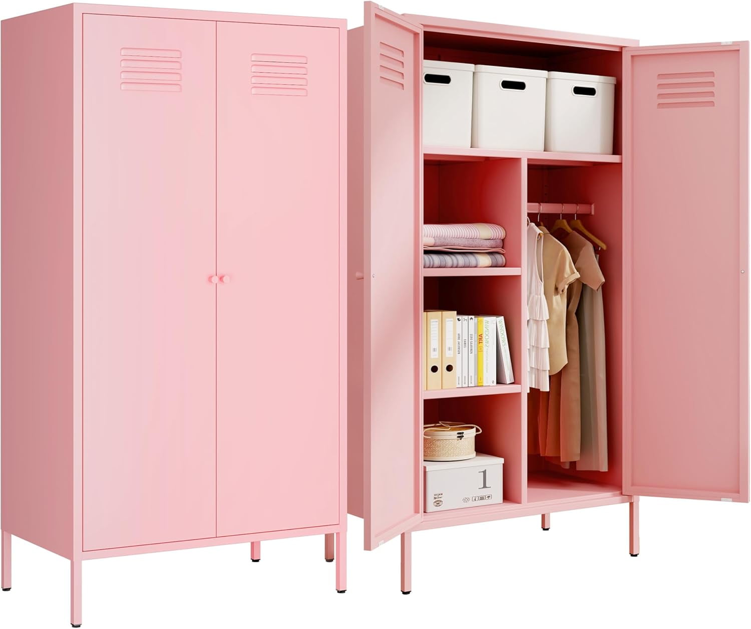 2 Door Metal Wardrobe Cabinet with Hanging Rod and 2 Freely Adjustable ...