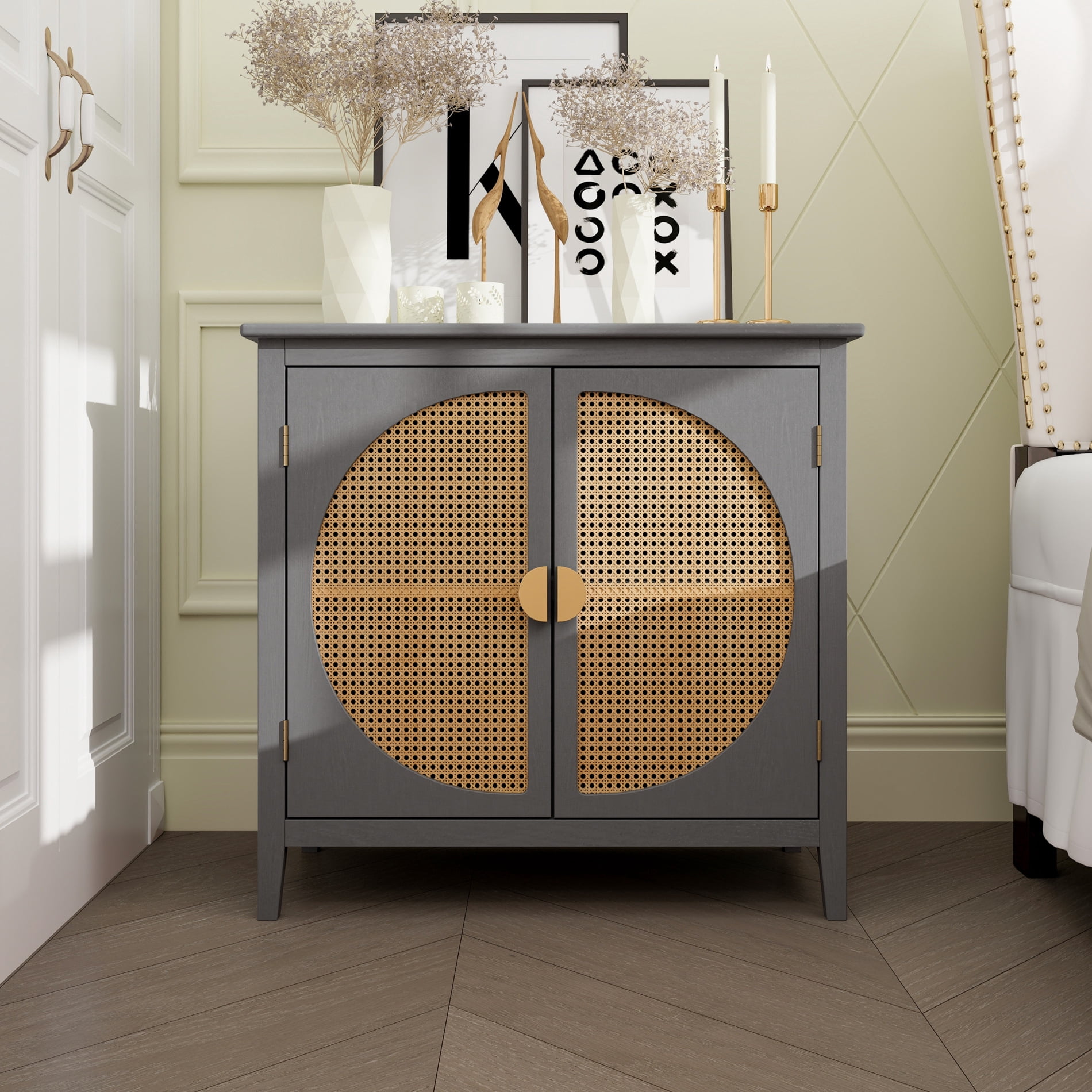 2 Door Natural Rattan Weaving Storage Cabinet, Side Standing Cabinet ...