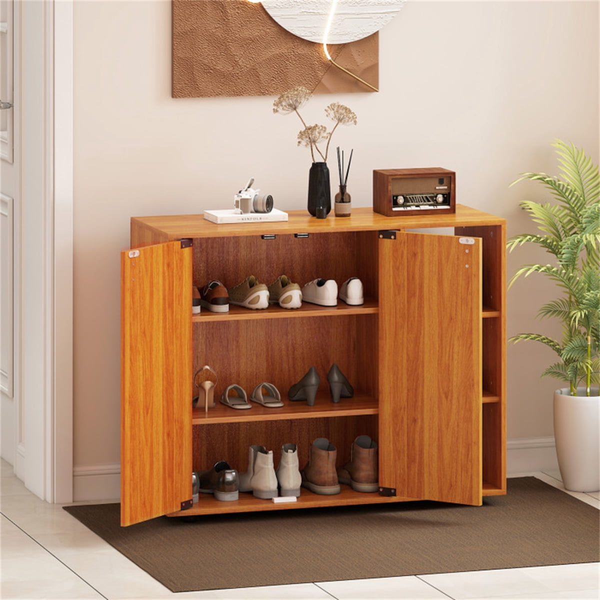 2-Door Shoe Cabinet with 3 Open Shelves, Adjustable & Removable Shelves ...