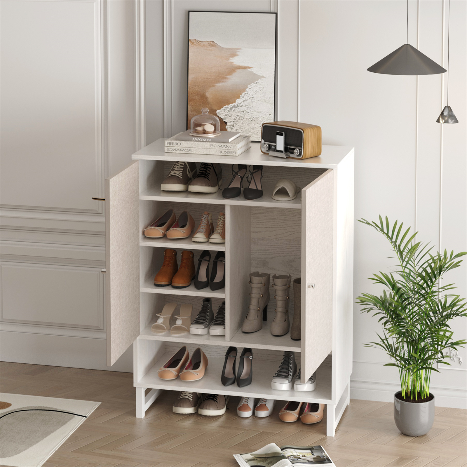 2 Door Shoe Cabinet, 6-Tier Shoe Storage Cabinet with Open Shelves ...