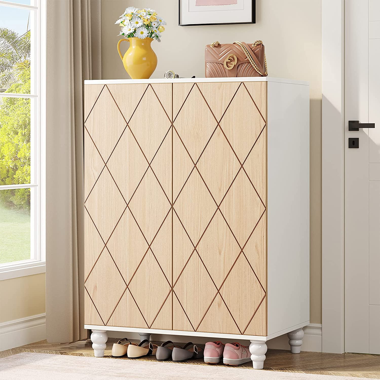 2-Door Shoe Cabinet with Solid Wood Legs,Wooden Shoes Storage Cabinets ...