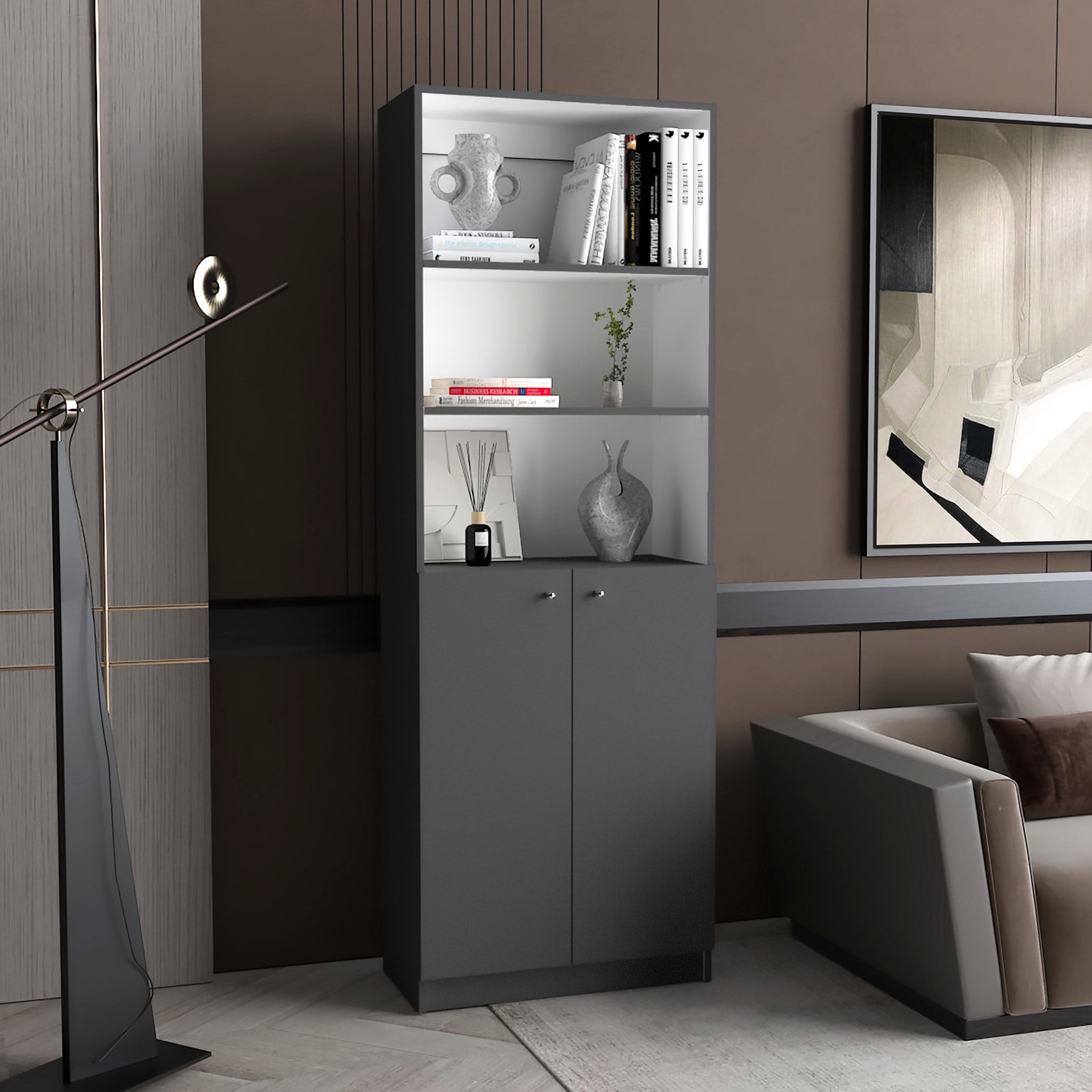 2-Door Wooden Bookcase | Double-Door Concealed Storage and Open Display ...