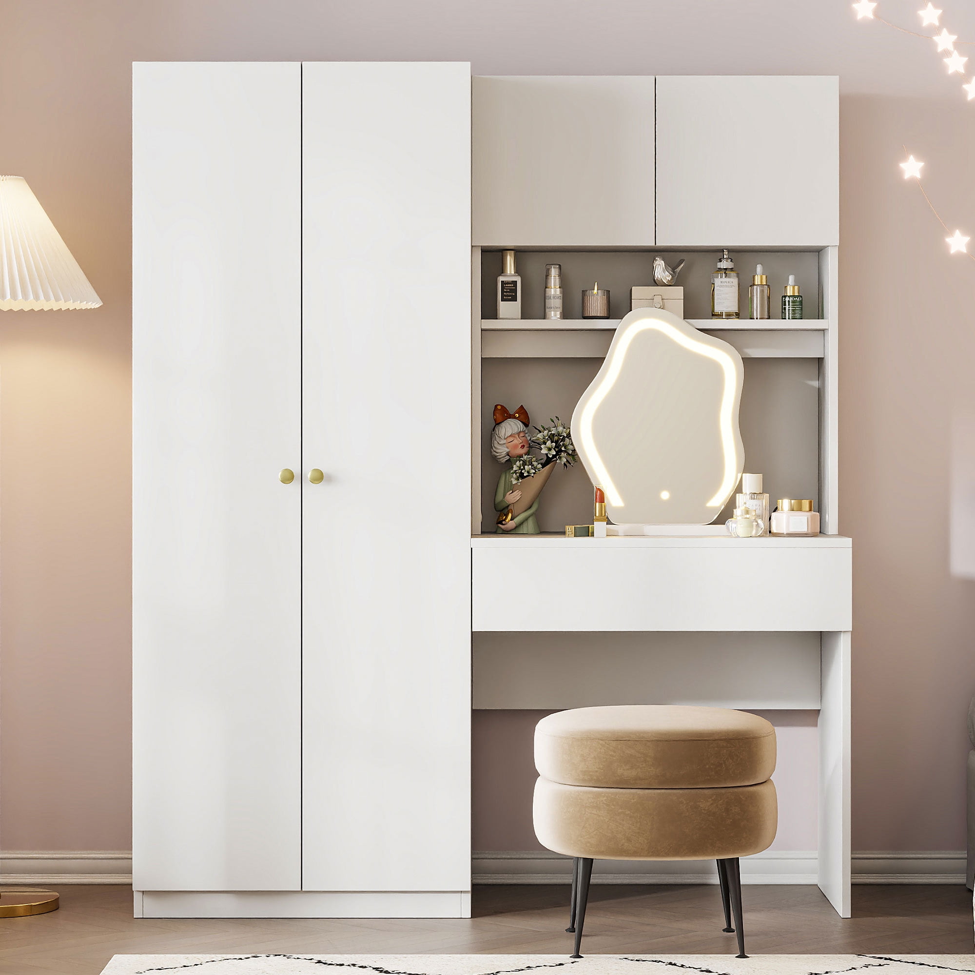 2-Door Wooden Storage Vanity Wardrobe for Bedroom with Makeup Mirror ...