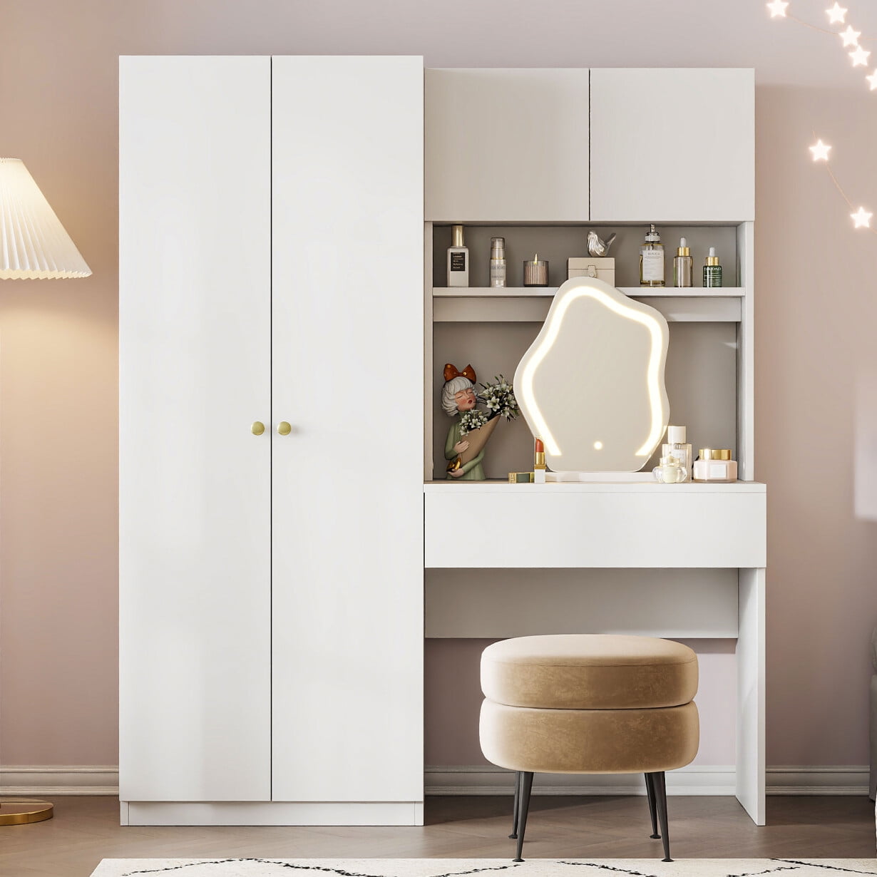 2-Door Wooden Wardrobe Vanity with Makeup Mirror, Ample Storage ...
