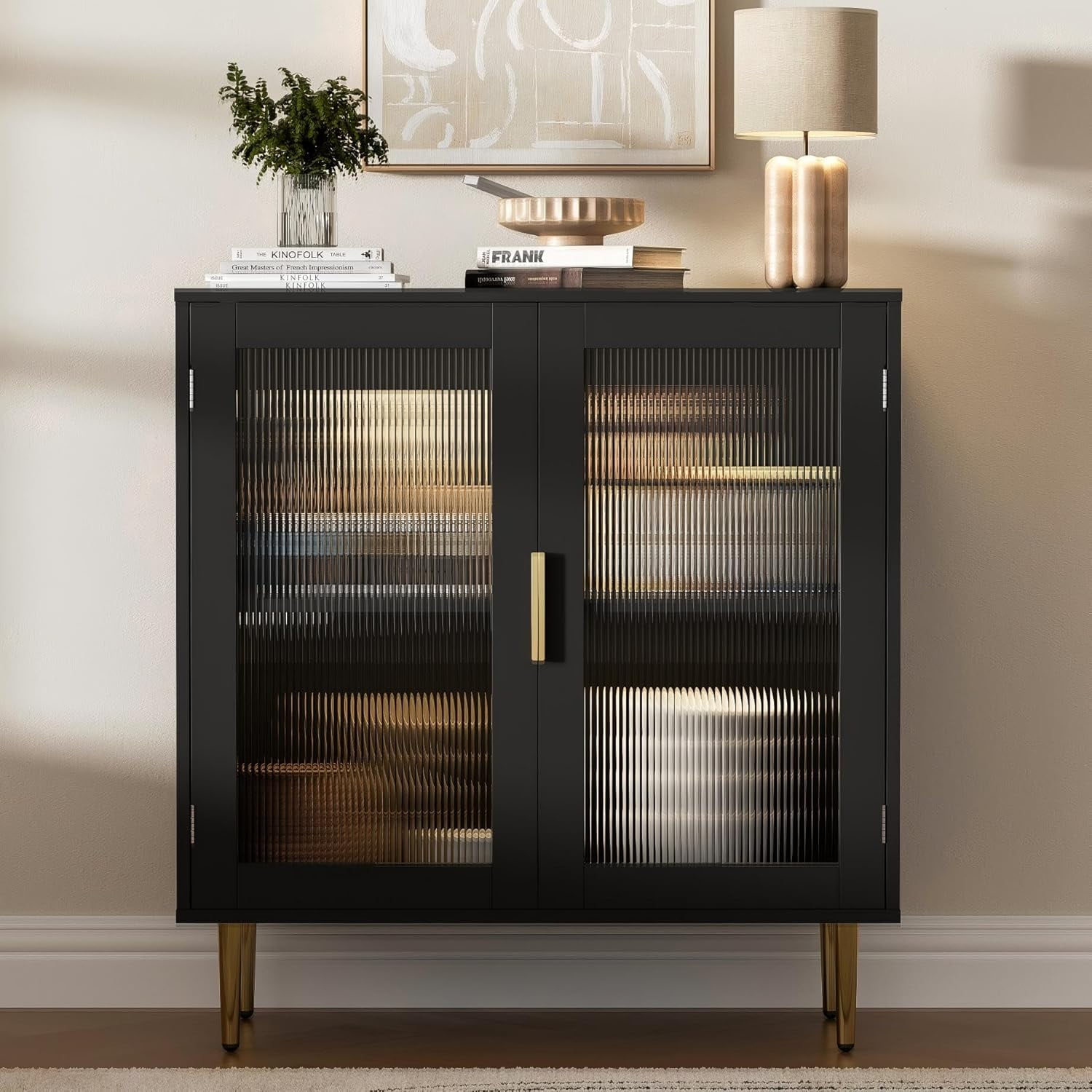 2 Doors, Buffet Cabinet with LED Lights, Sideboard with Fluted Acrylic ...