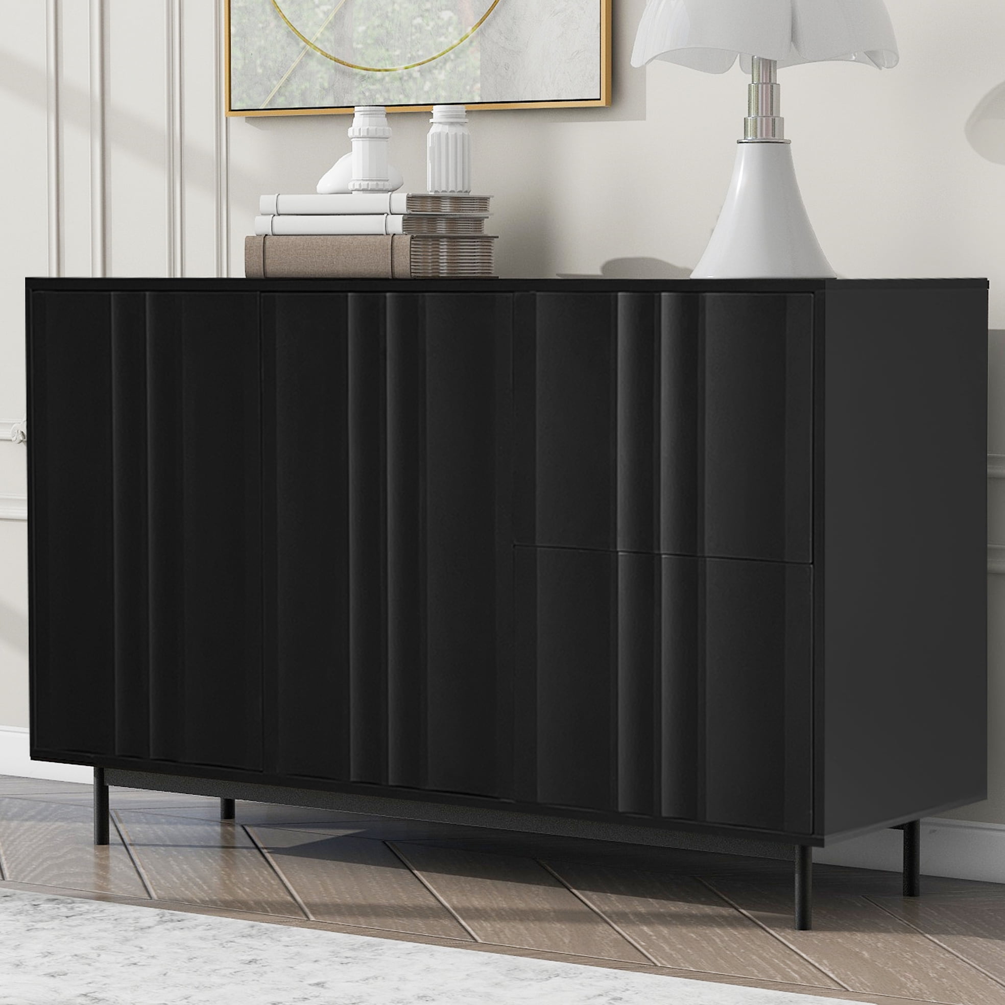 2 Doors Drawers Cabinet With Wave Design - Adjustable, Black For ...