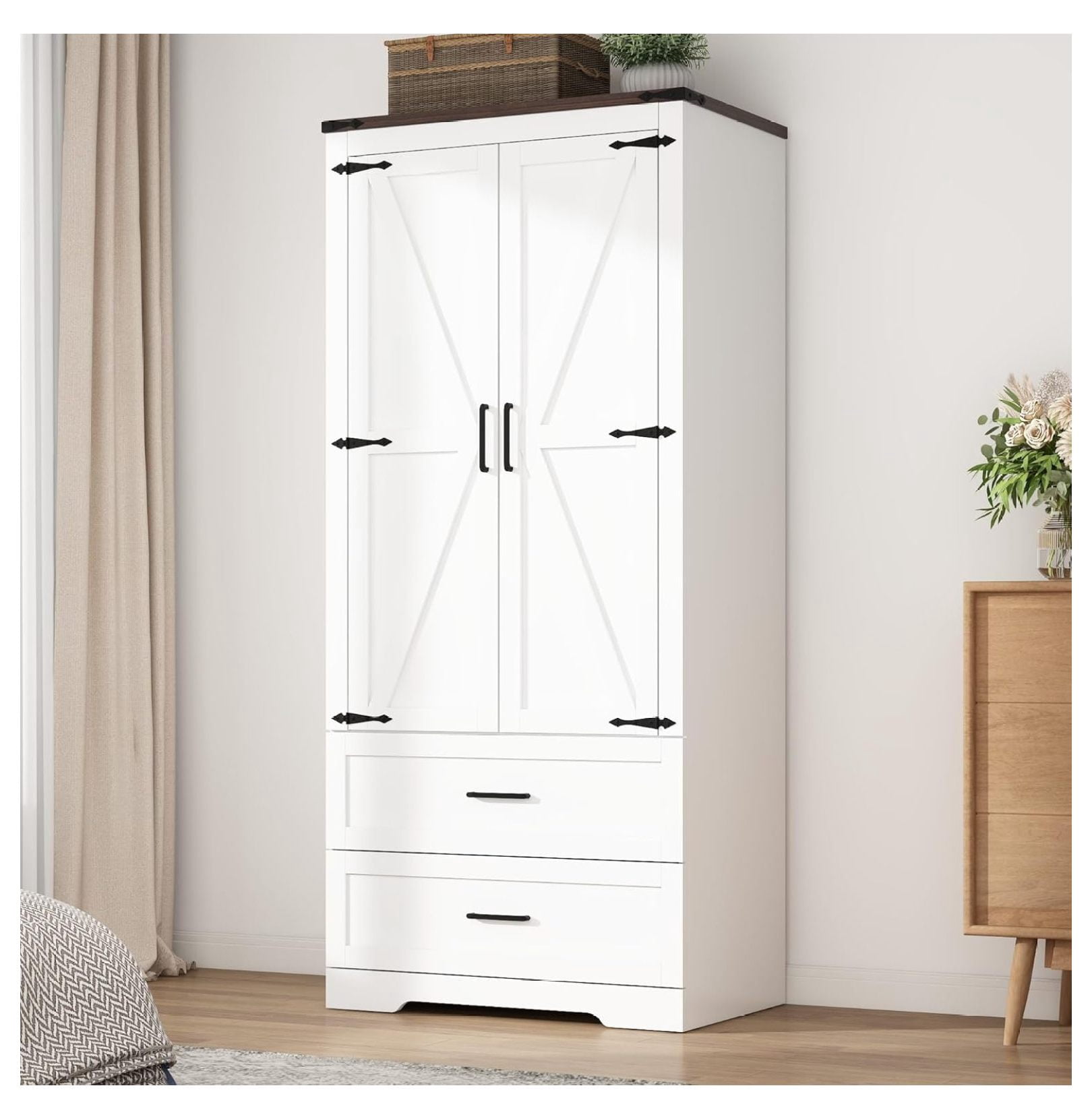 2 Doors Wardrobe Armoire Closet with Doors and Drawers, Farmhouse ...