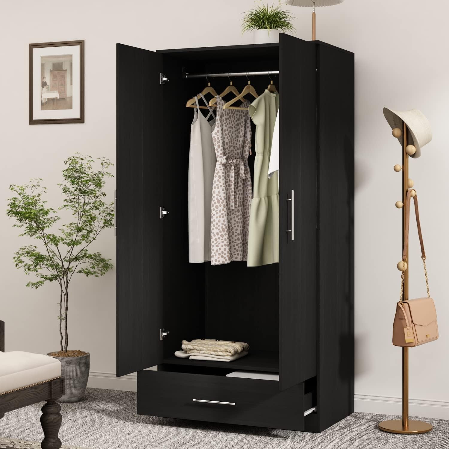 2 Doors Wardrobe Armoire with Drawer, Freestanding Armoire Wardrobe ...
