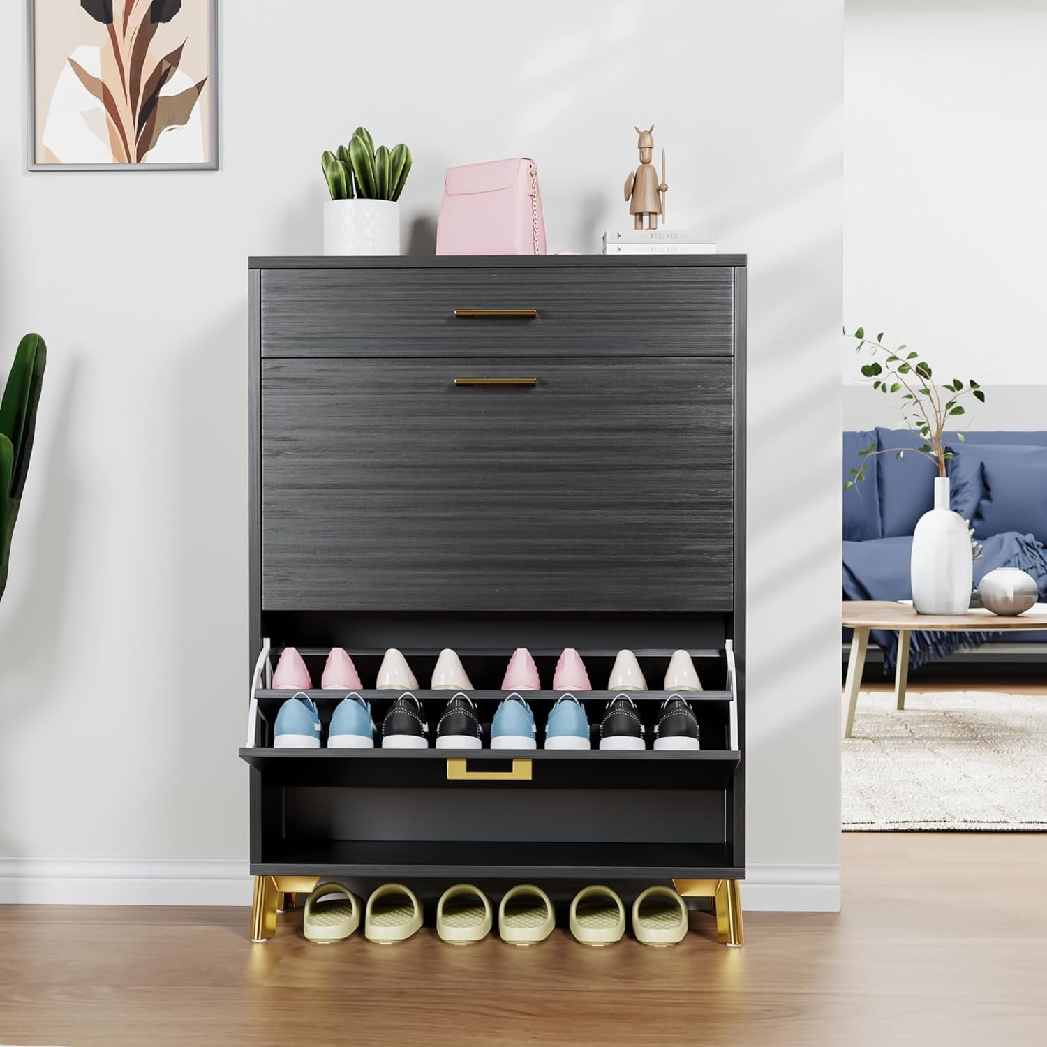 2 Drawer All Steel Large Shoe Cabinet Freestanding Shoe Rack Organizer ...
