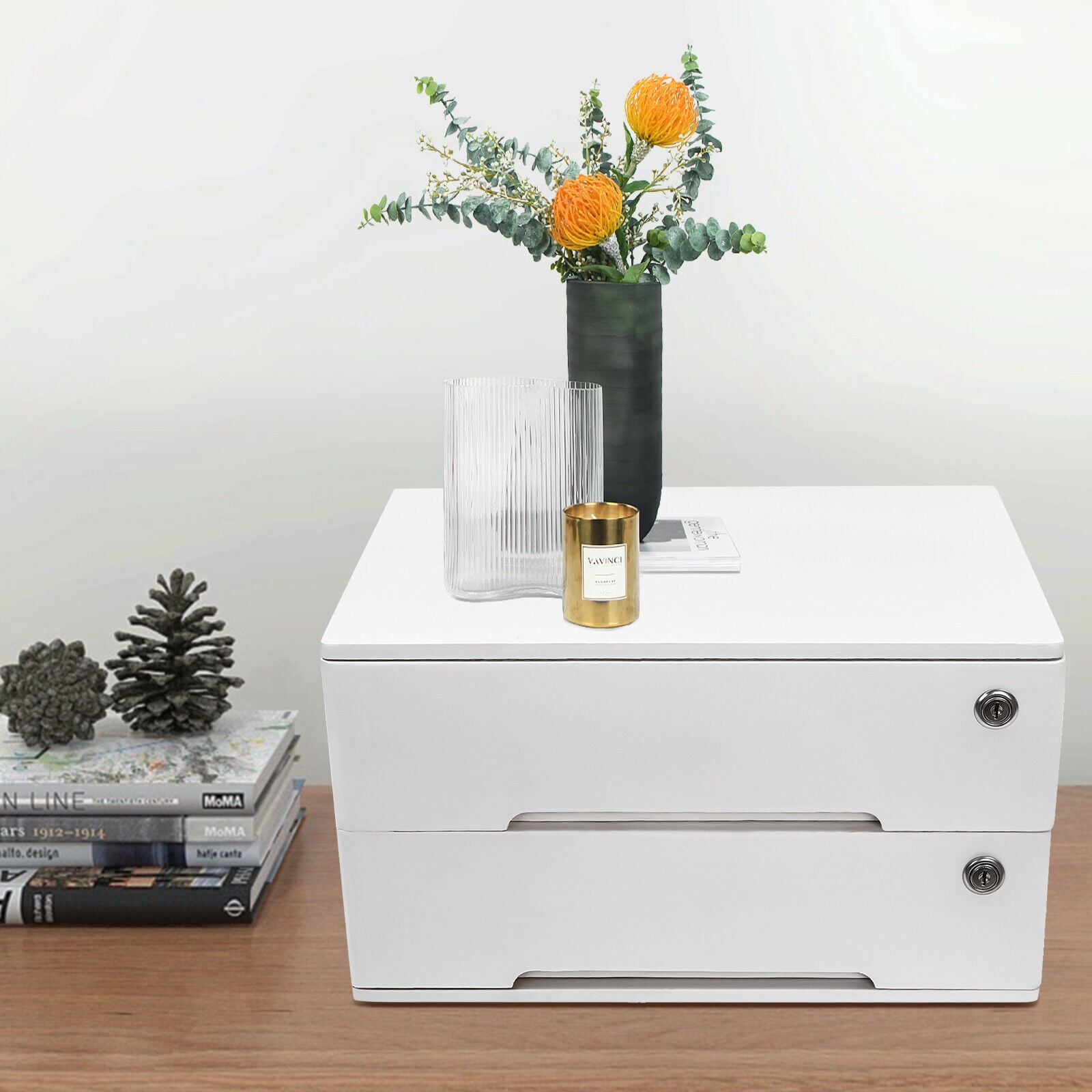 2-Drawer Desk Organizer Wood Desktop Storage Cabinet Tabletop Lockable ...