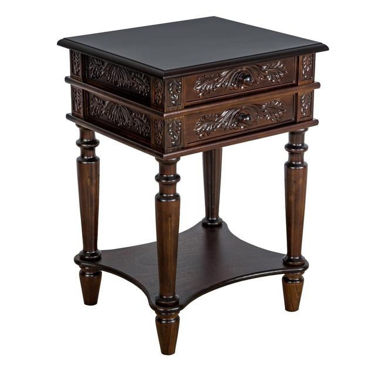 2 Drawer End Table with Intricate Carvings & Open Bottom Shelf, Brown ...