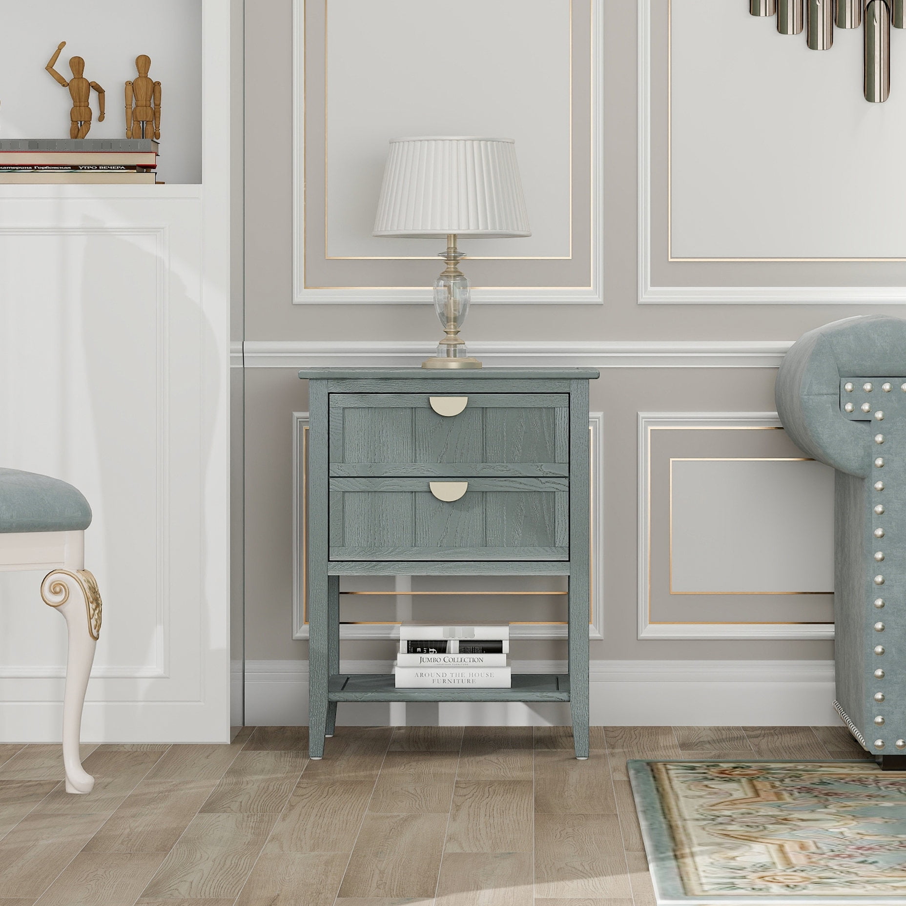 2 Drawer End Table with Manually Painted Solid Wood Veneer and L ...
