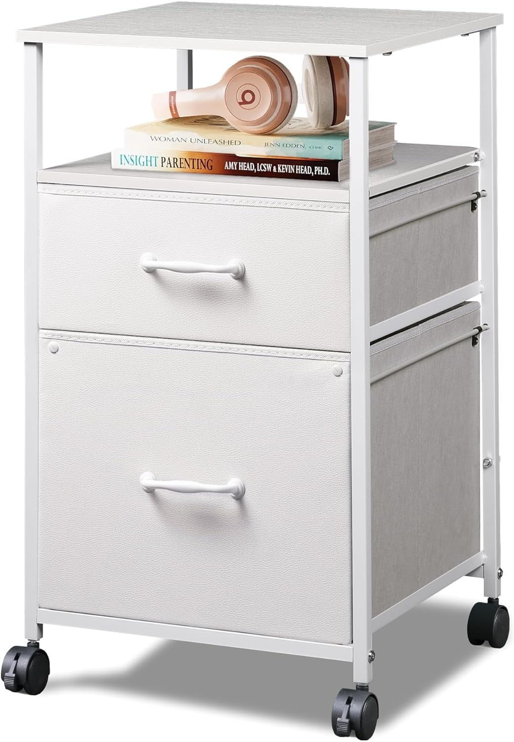 2 Drawer Fabric Vertical Filing Cabinet, Rolling Printer Stand, White ...