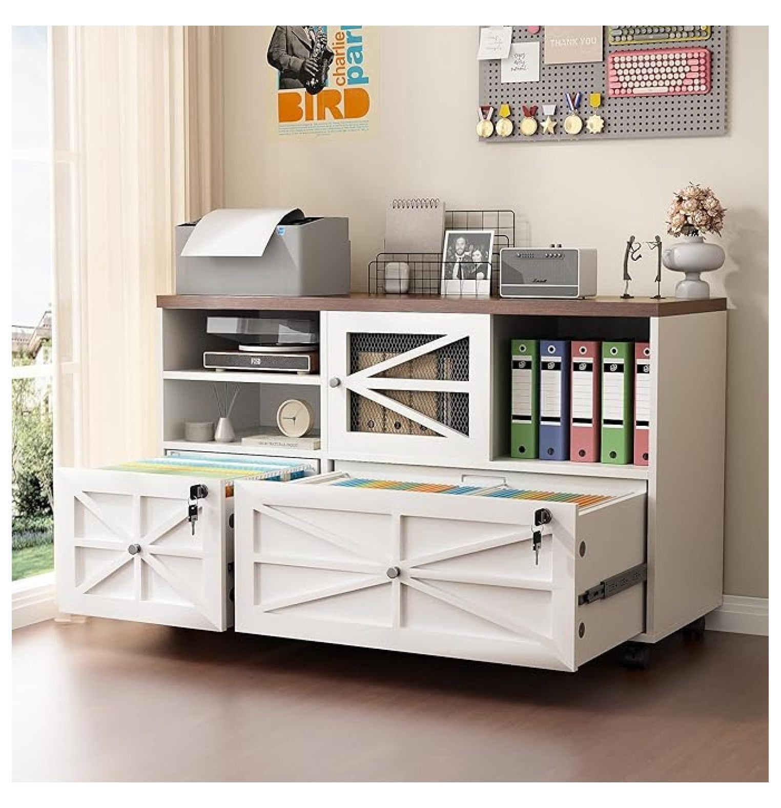 2 Drawer Farmhouse File Cabinet with Lock, Mobile Lateral Filing ...