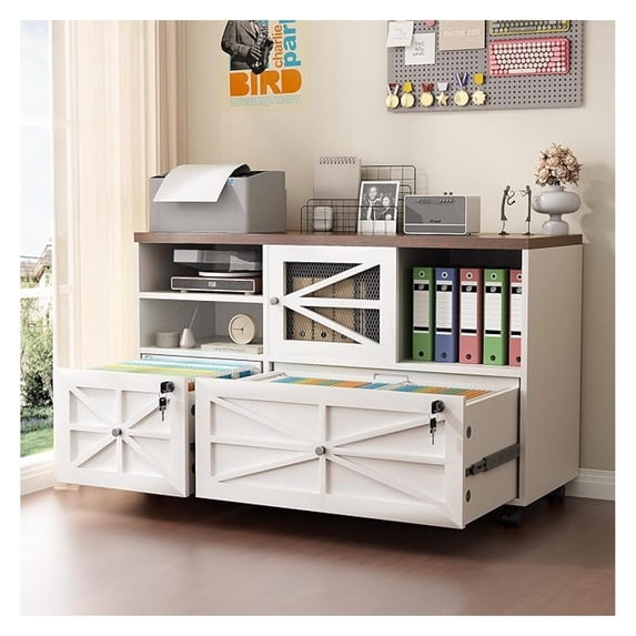 2 Drawer Farmhouse File Cabinet with Lock, Mobile Lateral Filing ...
