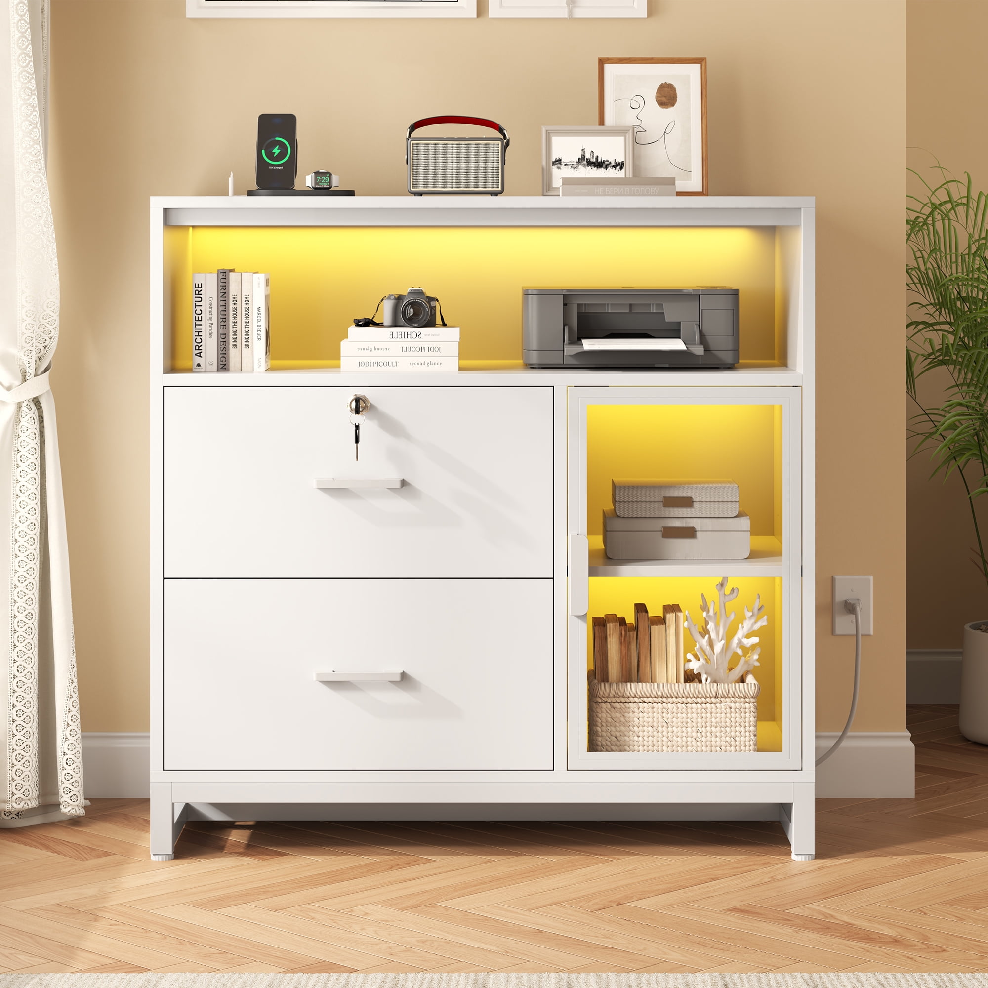 2 Drawer File Cabinet with LED Lights & Power Outlets, Vertical Filing ...