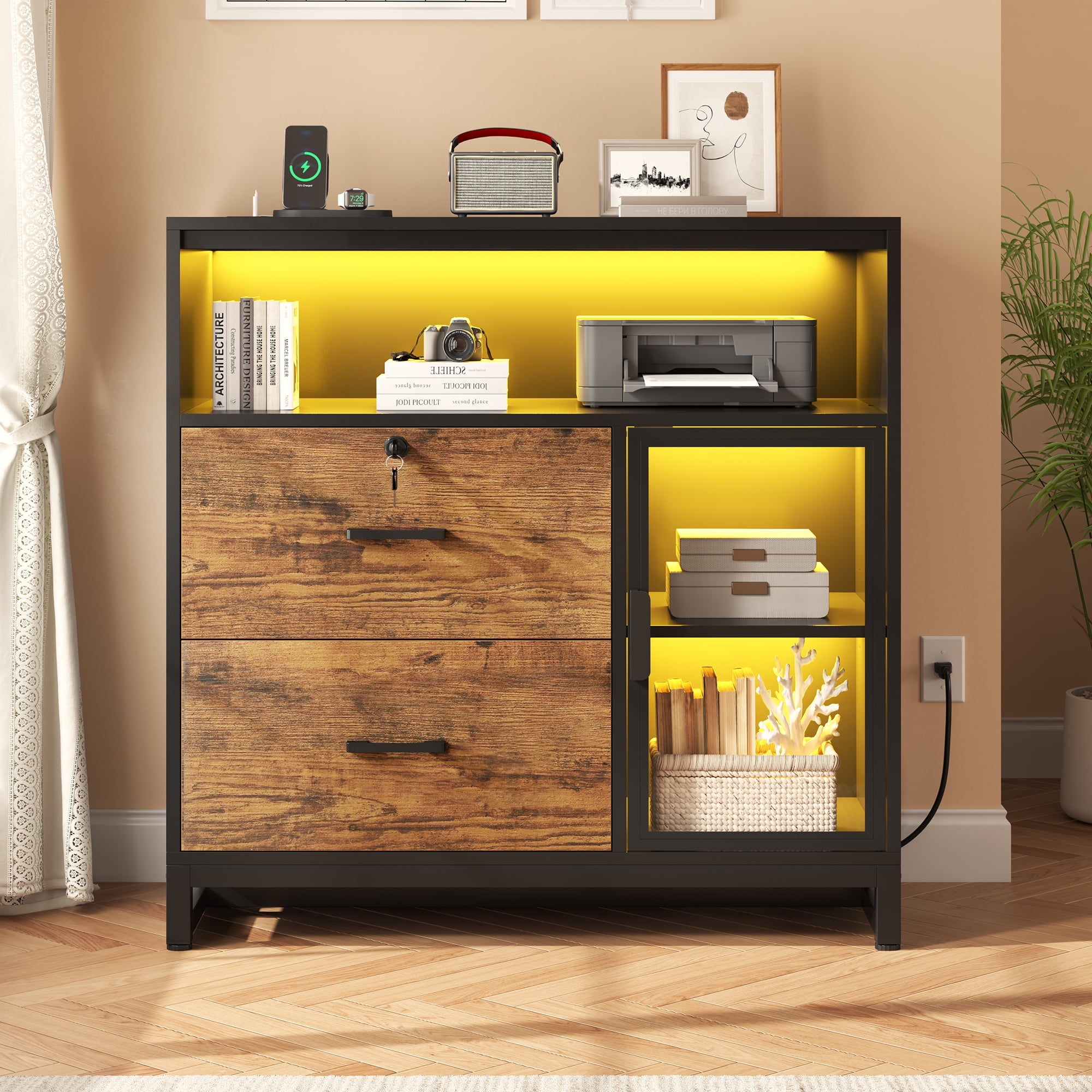 2 Drawer File Cabinet with LED Lights & Power Outlets, Vertical Filing ...