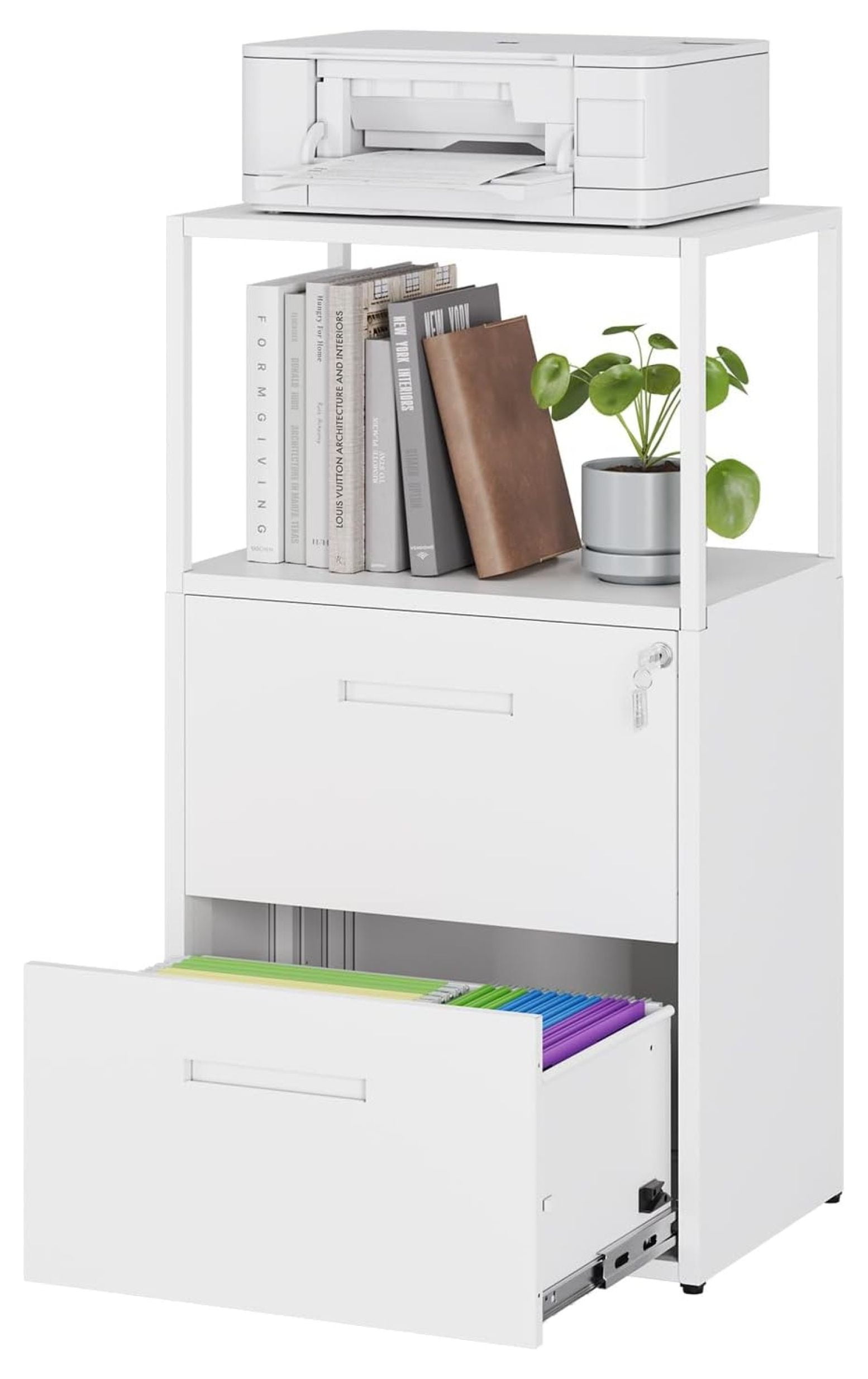 2 Drawer File Cabinet with Lock and Open Shelf, White Metal Lateral ...