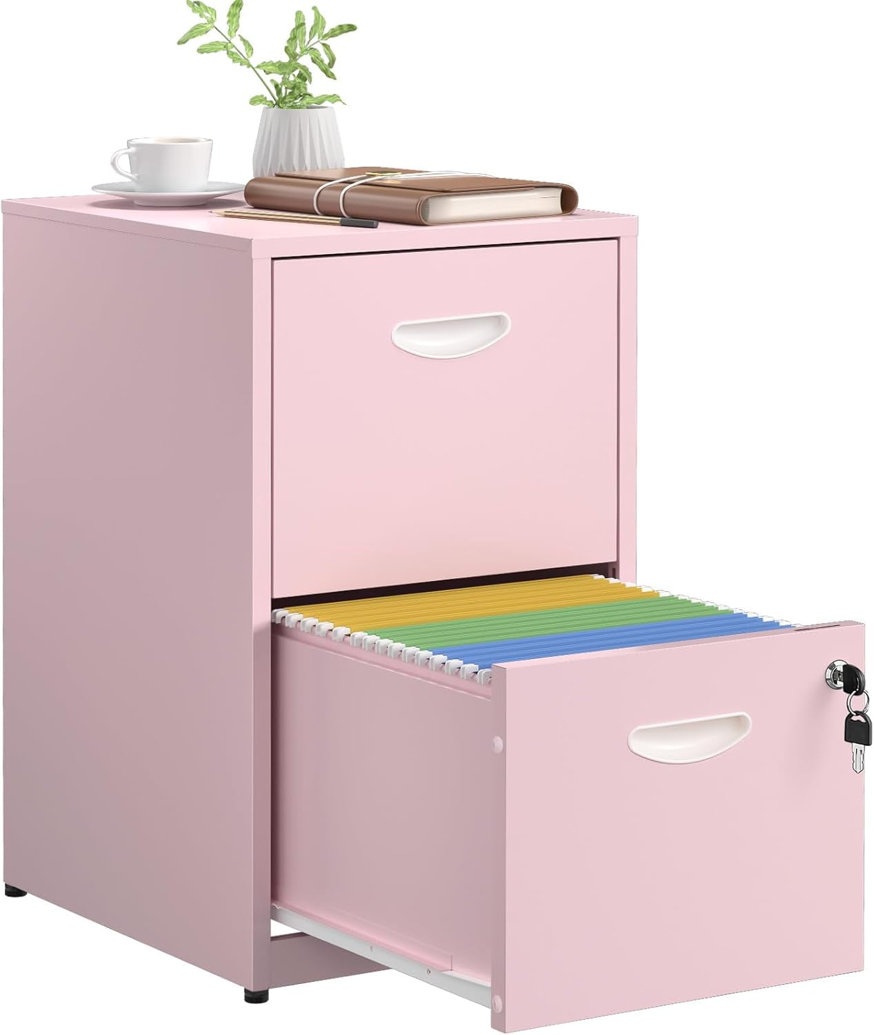 2 Drawer File Cabinet with Lock,Pink Metal Office Drawers Filing ...