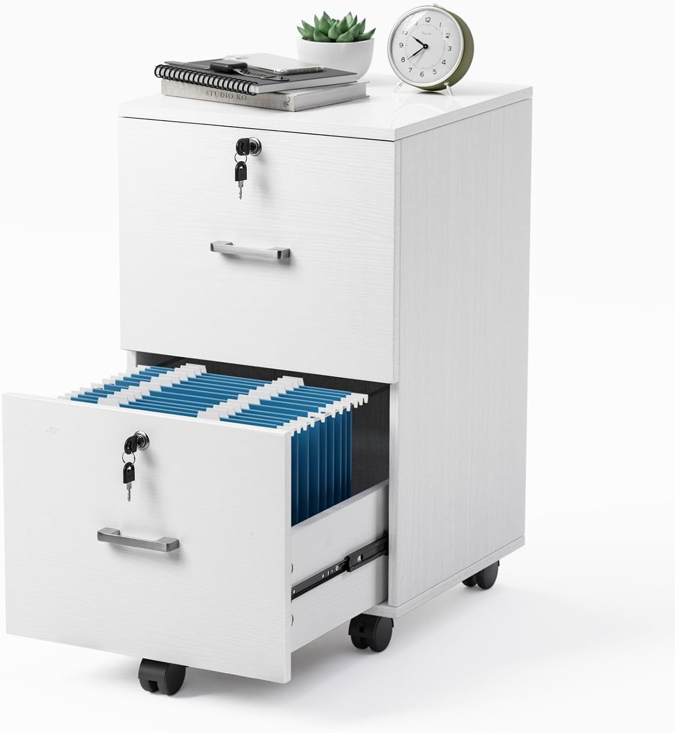 2 Drawer File Cabinet with Lock, Wood Grain White File Cabinet for ...