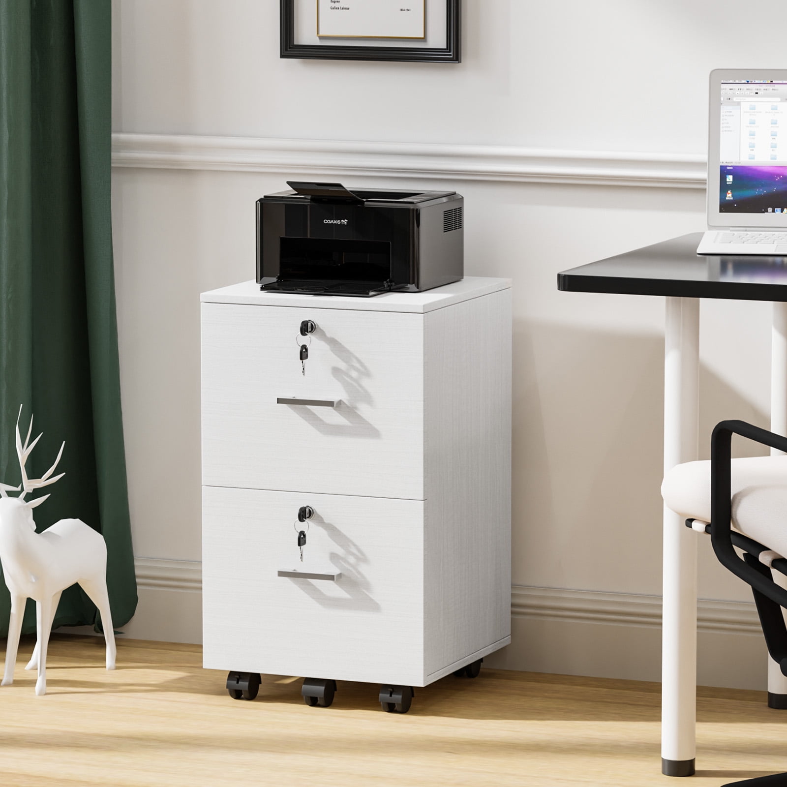 2 Drawer File Cabinet with Lock, Wood Grain White File Cabinet for ...