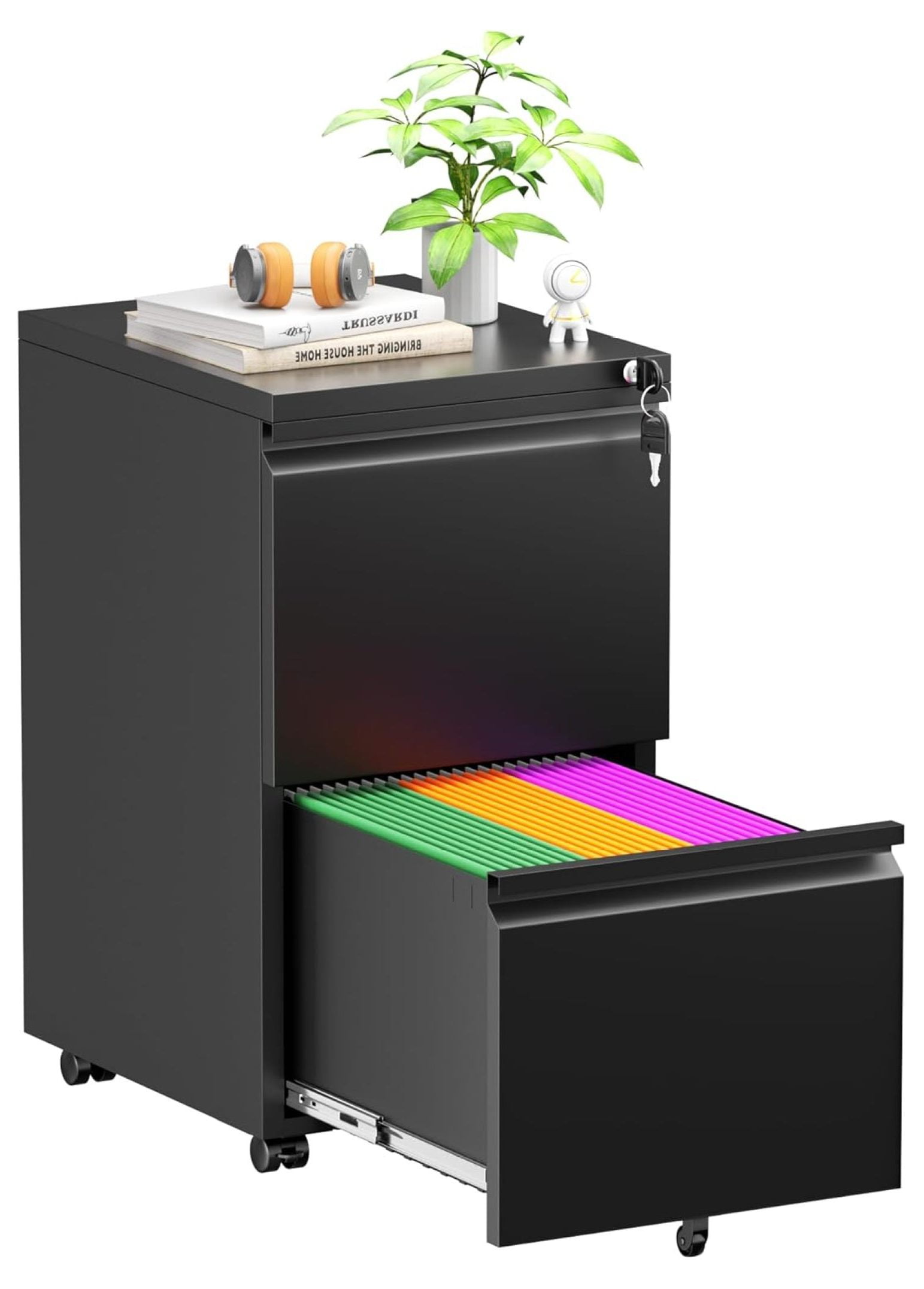 2 Drawer File Cabinet, Metal Rolling Filing Cabinet with Lock, Small ...