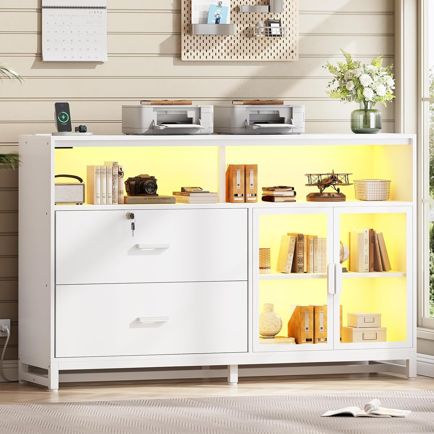 2 Drawer File Cabinet with Power Outlets & LED Lights, Filing Cabinet ...