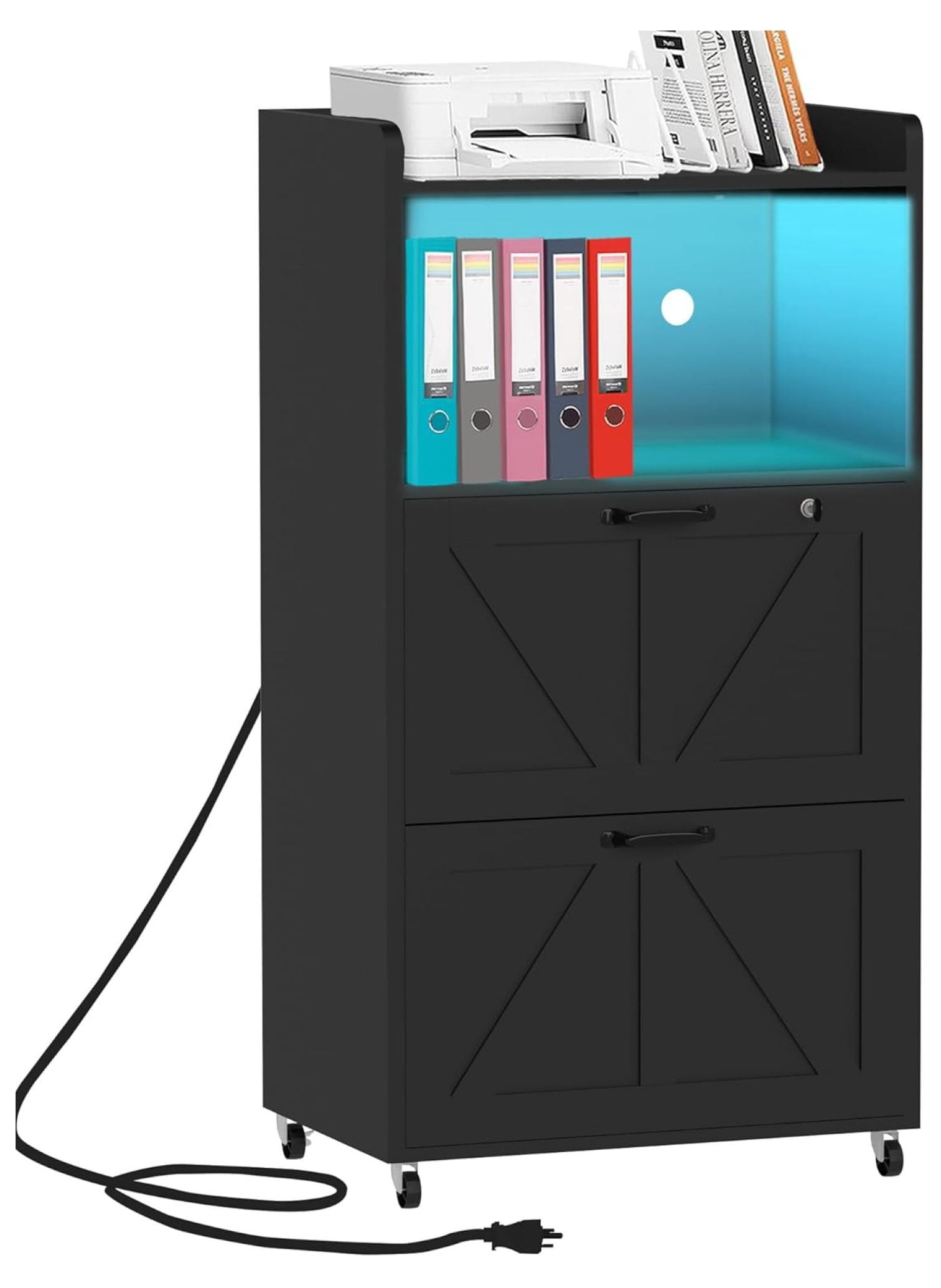 2 Drawer File Cabinet On Wheels & Charging Station, Wood Filing Cabinet ...