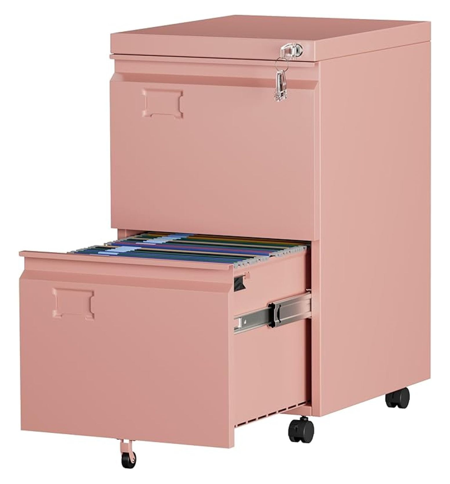 2 Drawer File Cabinet with Wheels, Lockable Metal Filing Cabinet with ...