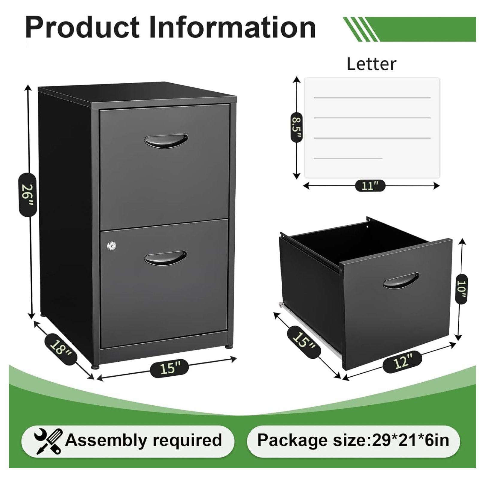 2 Drawer File Cabinet with Lock,Black Small Filing Cabinet for Home ...