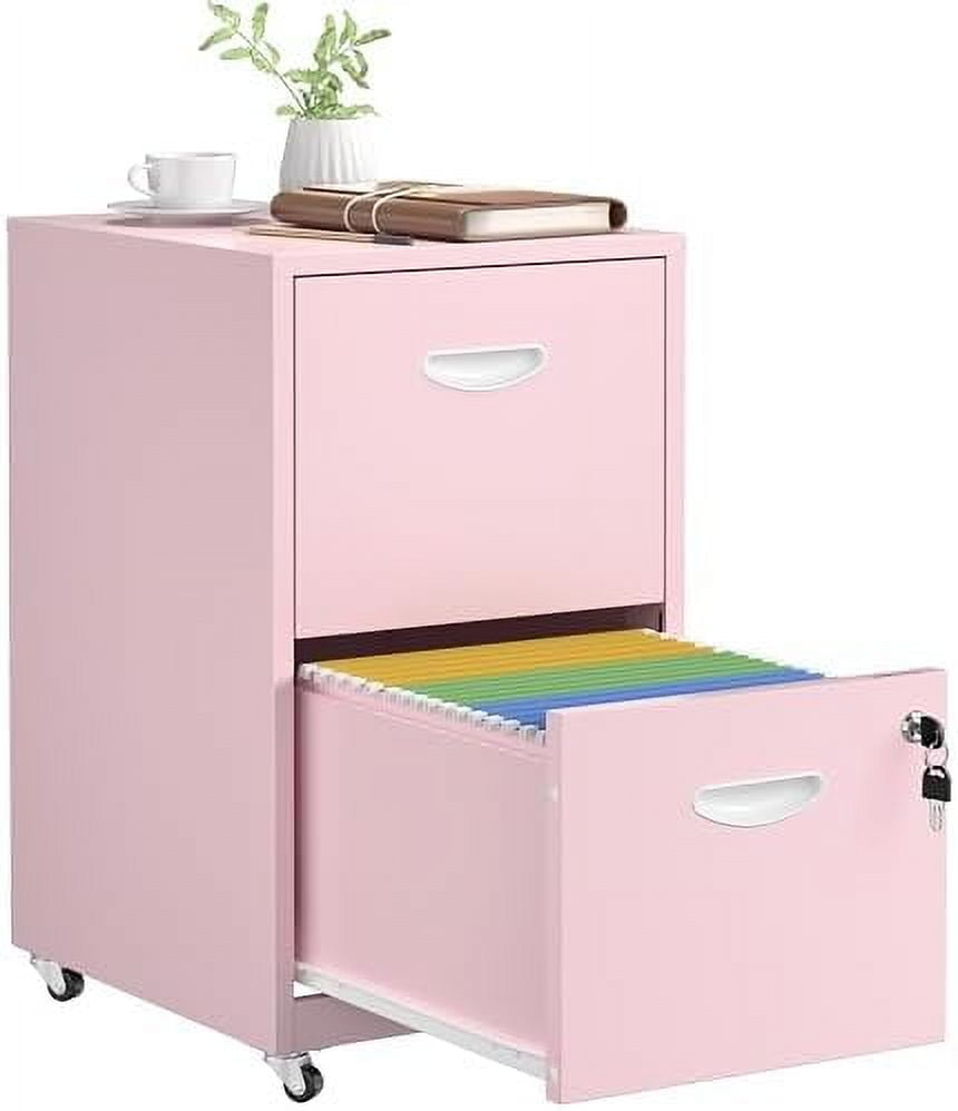 2 Drawer File Cabinet with Lock，Pink Rolling File Cabinet for Home ...