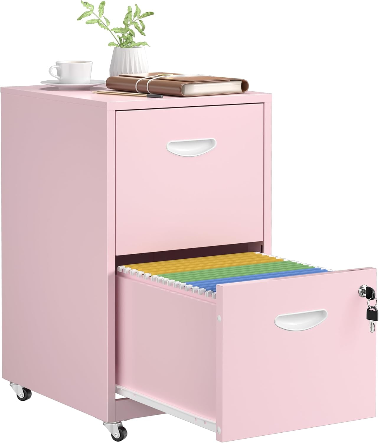 2 Drawer File Cabinet with Lock，Pink Rolling File Cabinet for Home ...