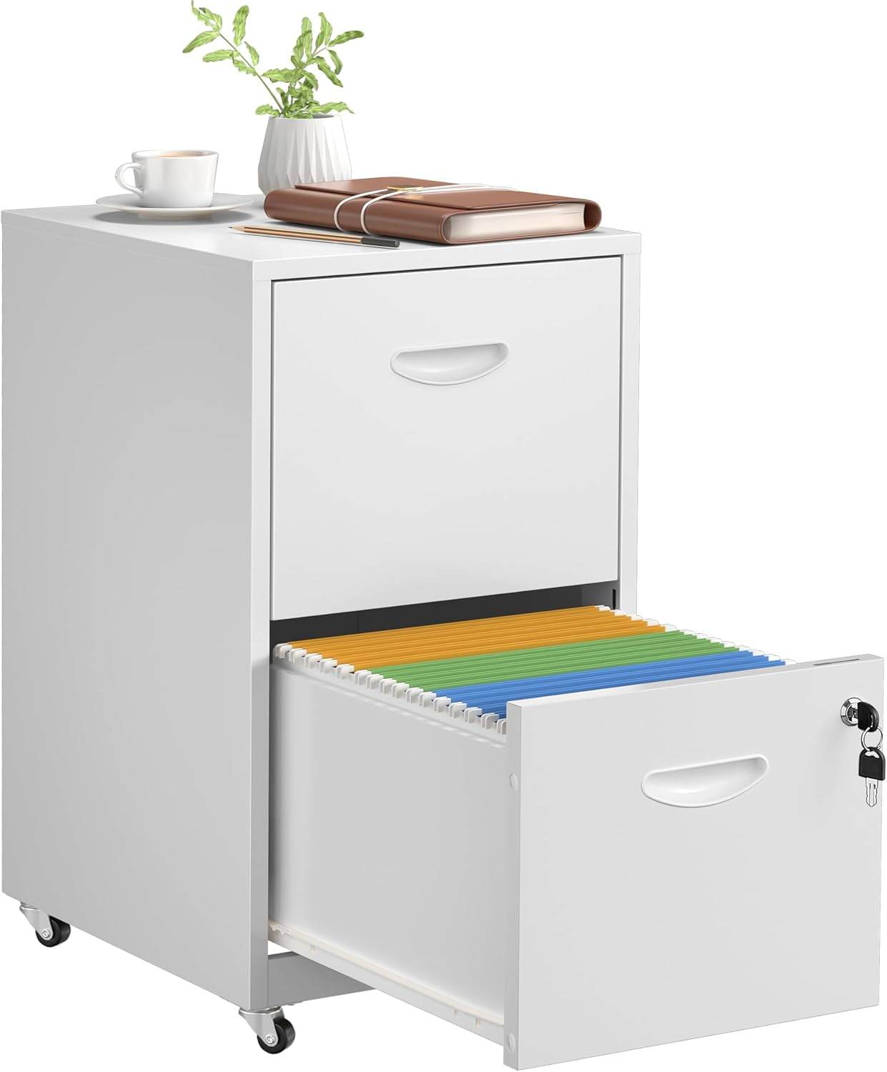 2 Drawer File Cabinet with Lock，White Rolling File Cabinet for Home ...