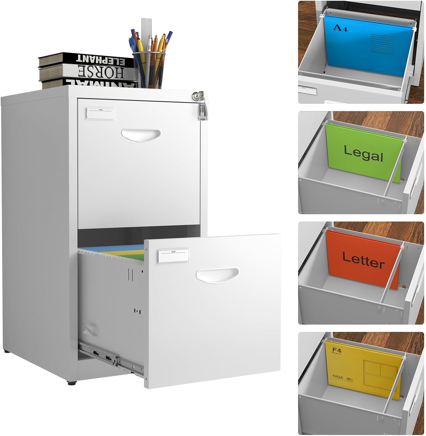 2 Drawer Filing Cabinet with Lock, Vertical White Metal File Cabinet ...